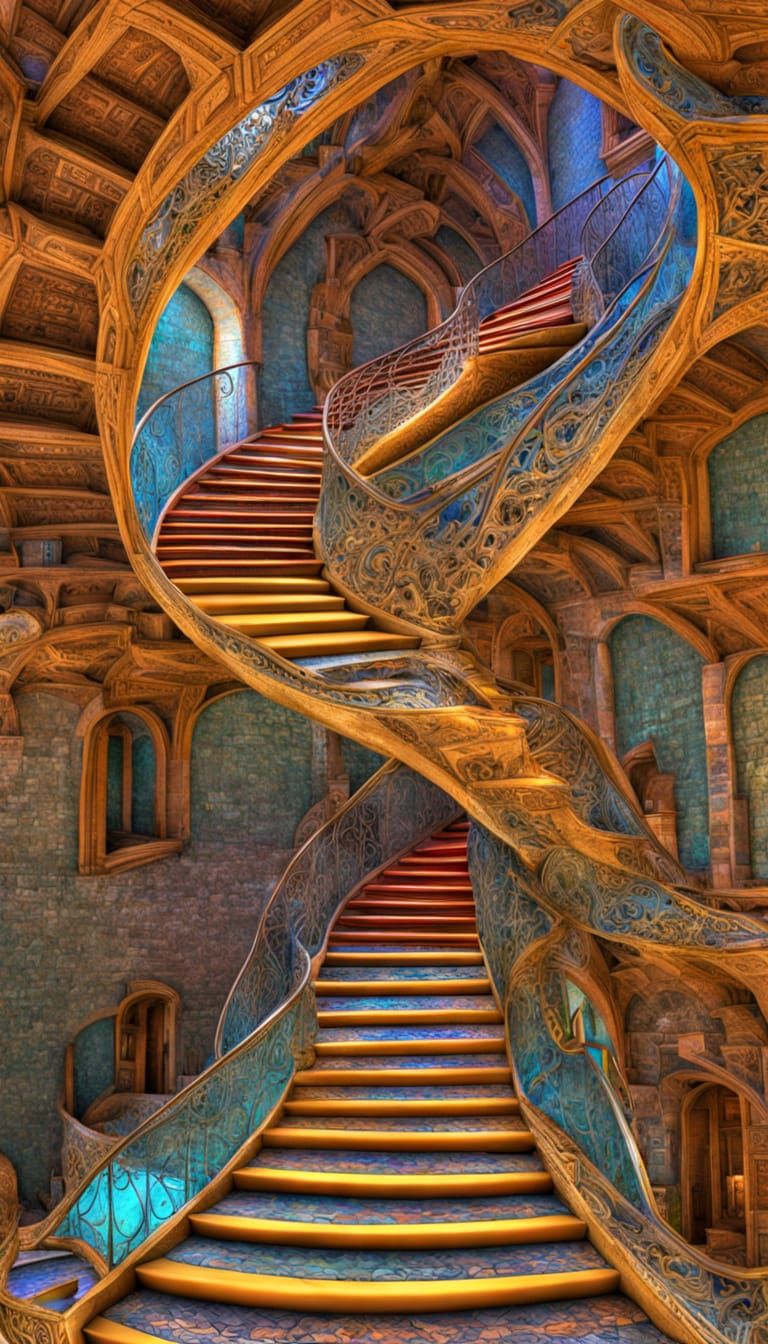 Colorful Ancient building with infinity stairs by Escher.