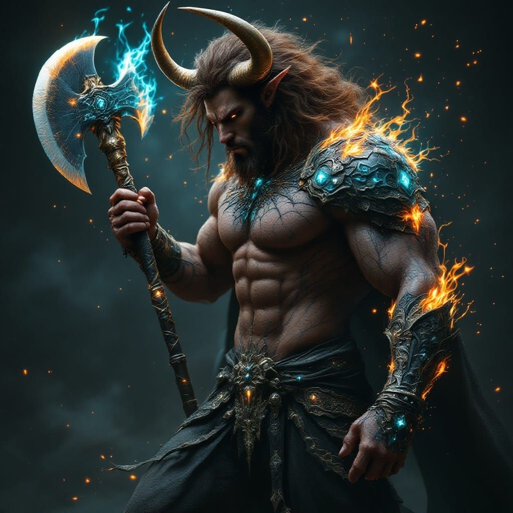 Chiseled Minotaur Warrior in Ornate Spiderweb Armo... - AI Art