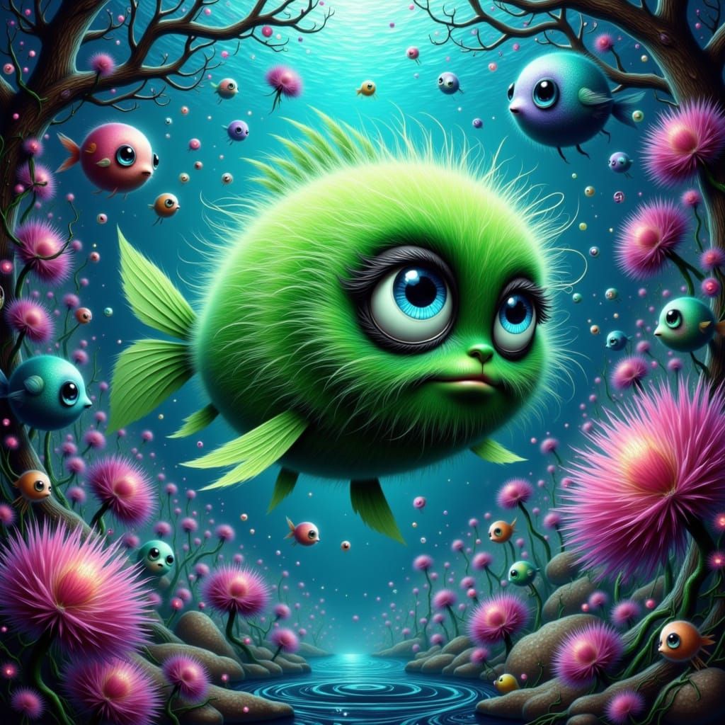 Furry Fish in Surreal Aquarium, Murakami Style - AI Art