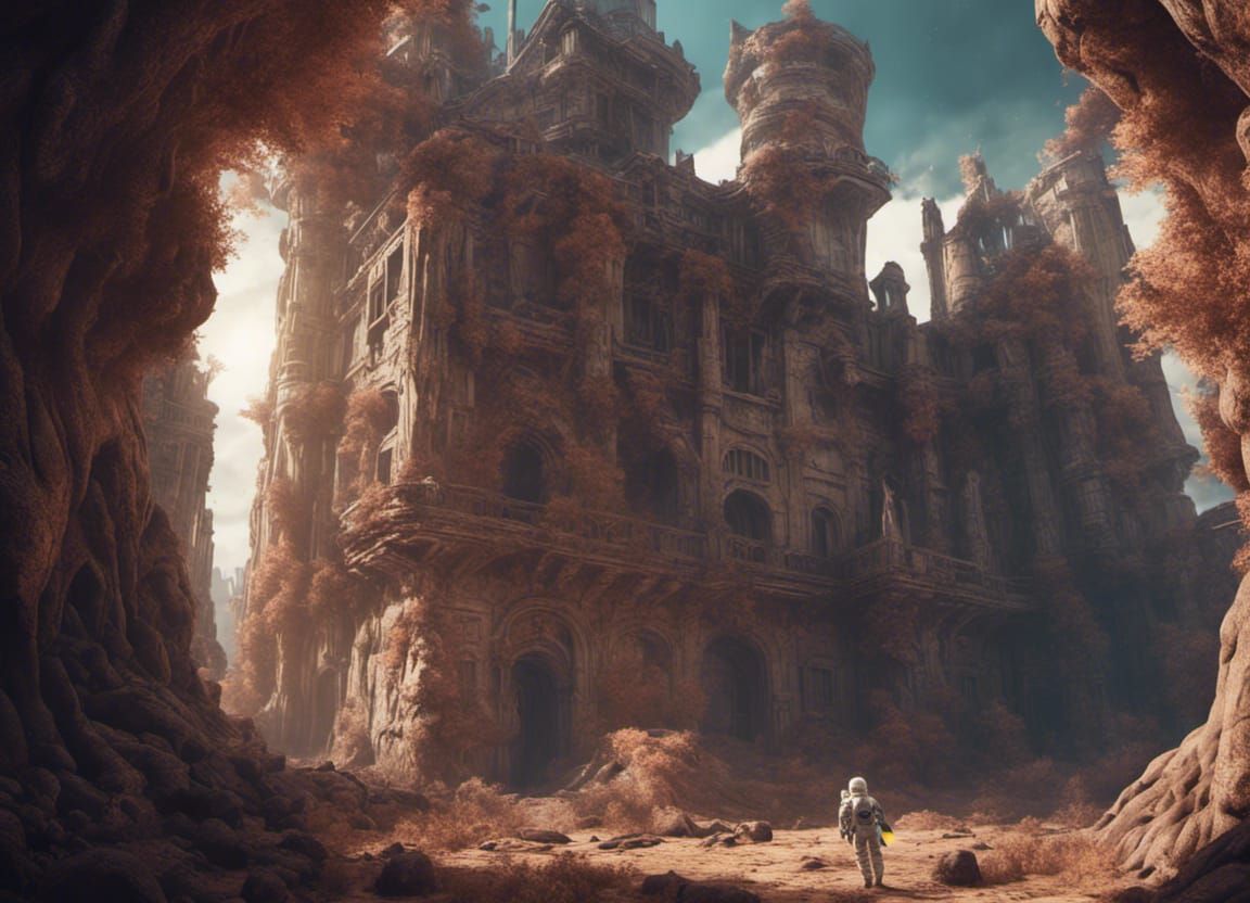 Astronaut exploring an abandoned castle on an alien planet - AI ...