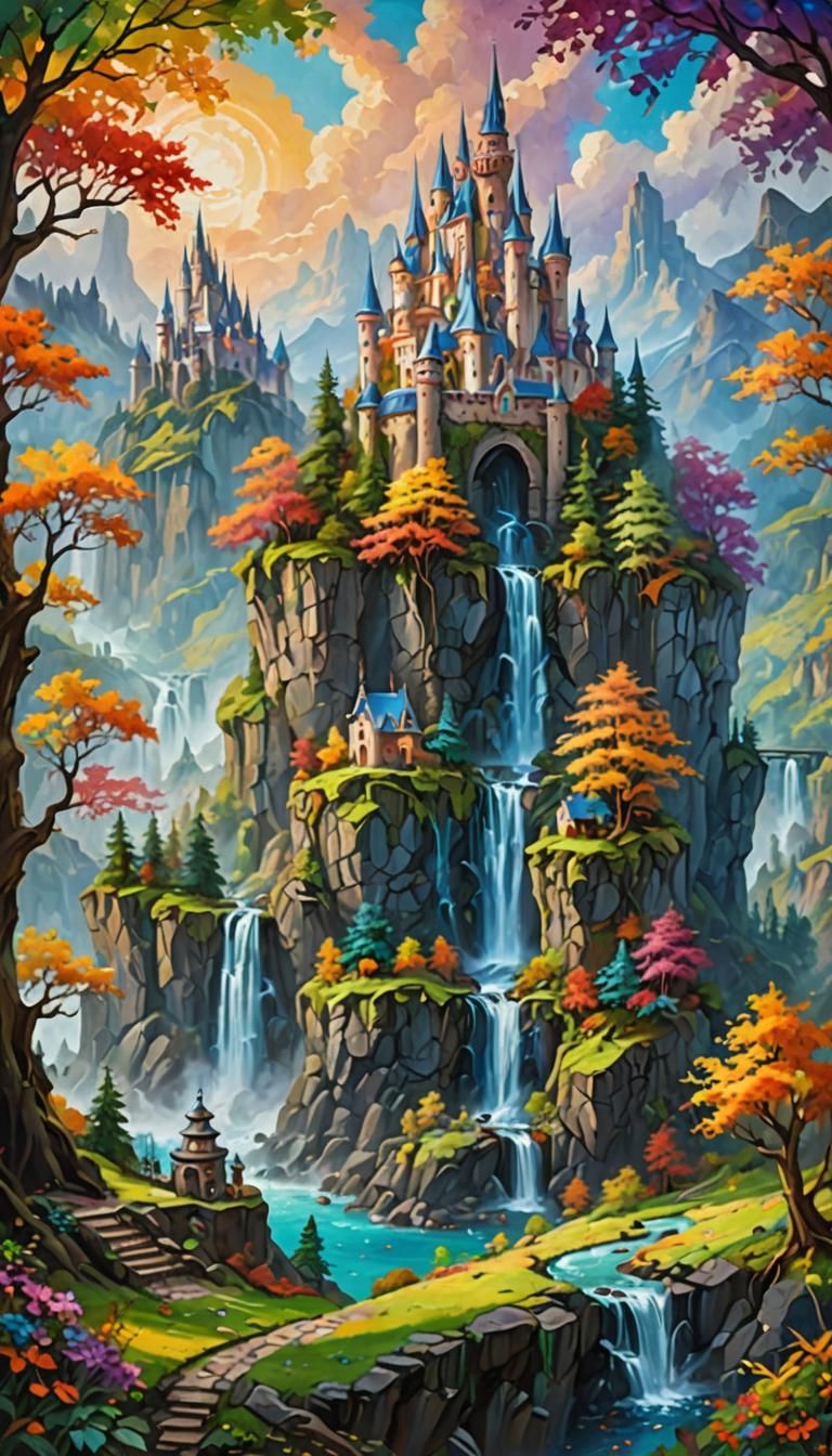 magical fae wild forest city surrounded by cliffs and waterfalls - AI ...