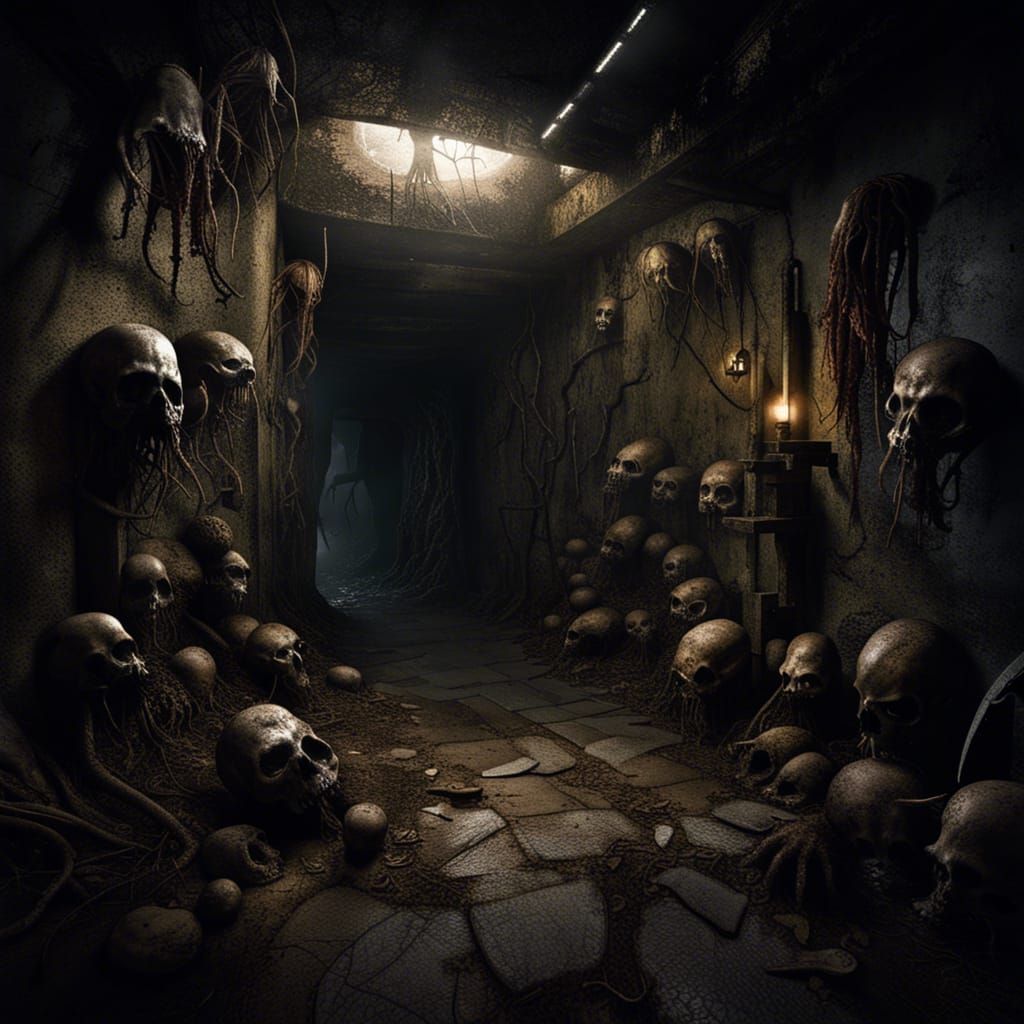 The dark entrance to a deep bunker inside the Black Forest surrounded ...