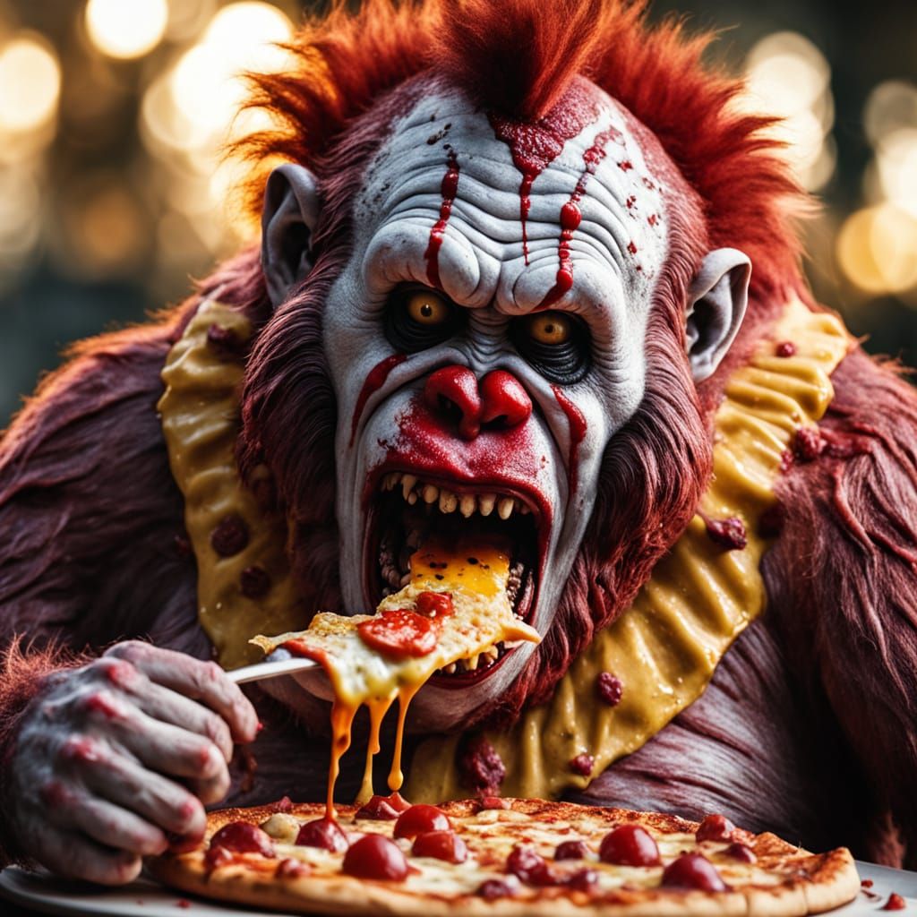 Gory Zombie Monkey Clown Devouring Pizza - AI Art