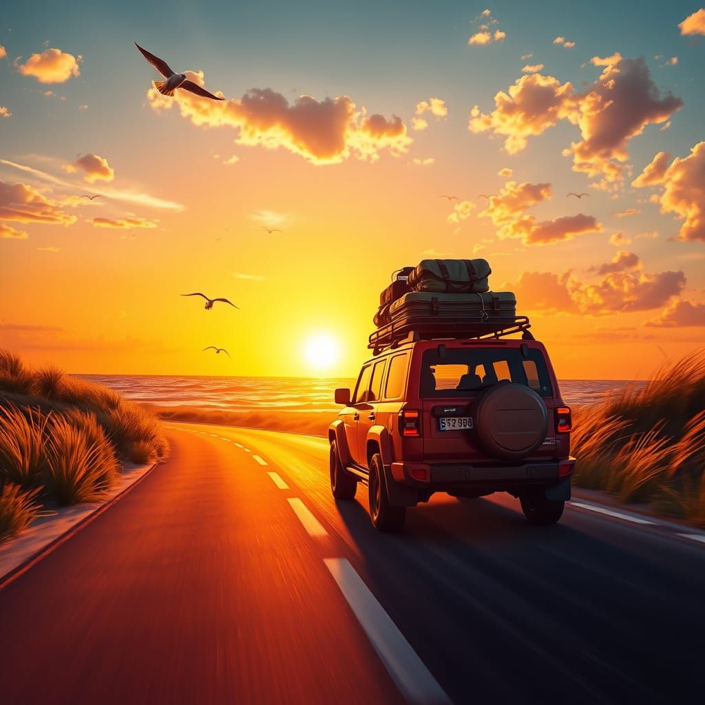 A car running towards the sunset(4WD)'s art, The roof carrier is loaded ...