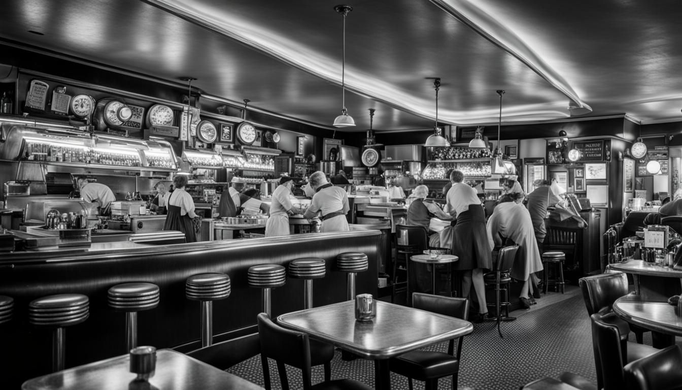 1930s diner, vividly detailed black and white photograph of a busy ...