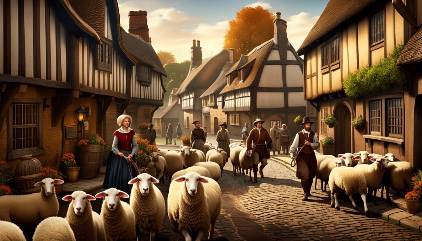 The farmer and his helpers drive their sheep through the pretty Tudor ...