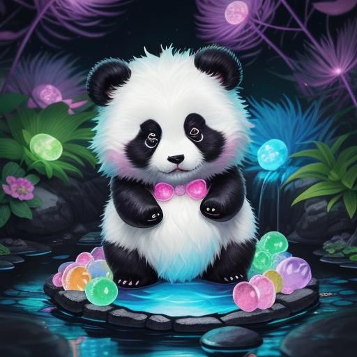 adorable cute chibi baby fluffy furry panda, on bioluminescent ...