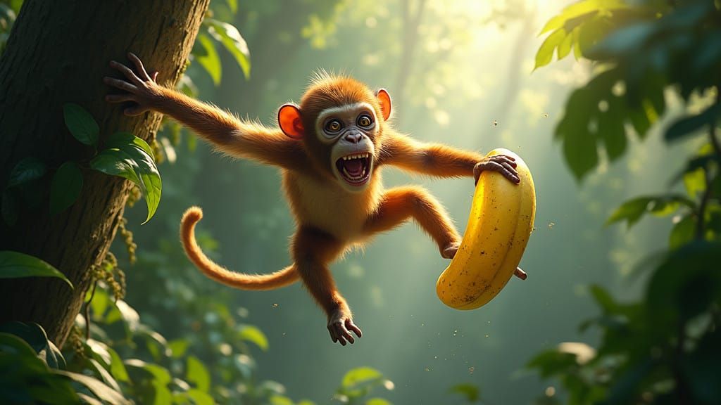 A hilarious scene of a monkey falling from a tall tree in a dense ...