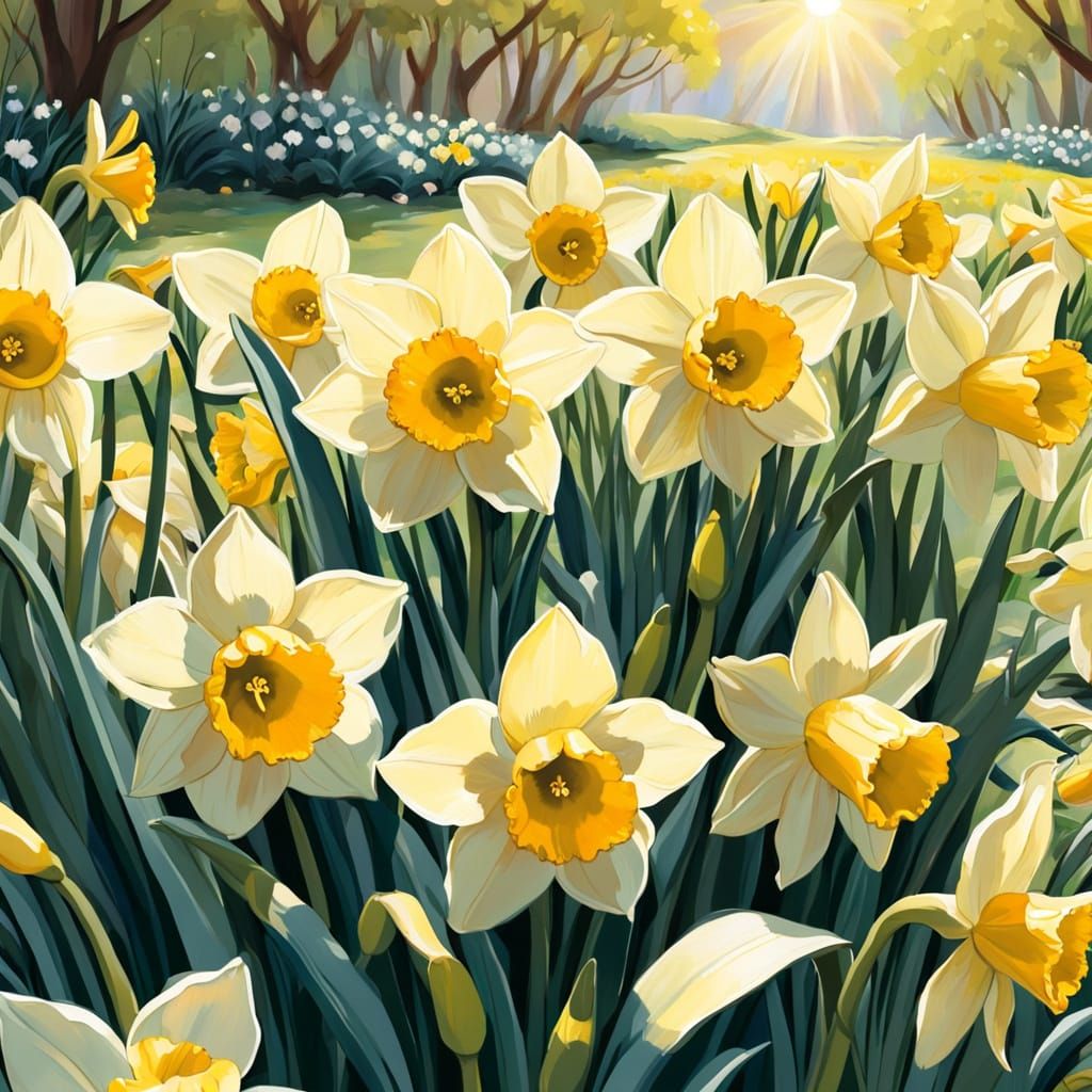 Daffodil flowerbed and a shiny sun - Whimsical Springtime Fl...