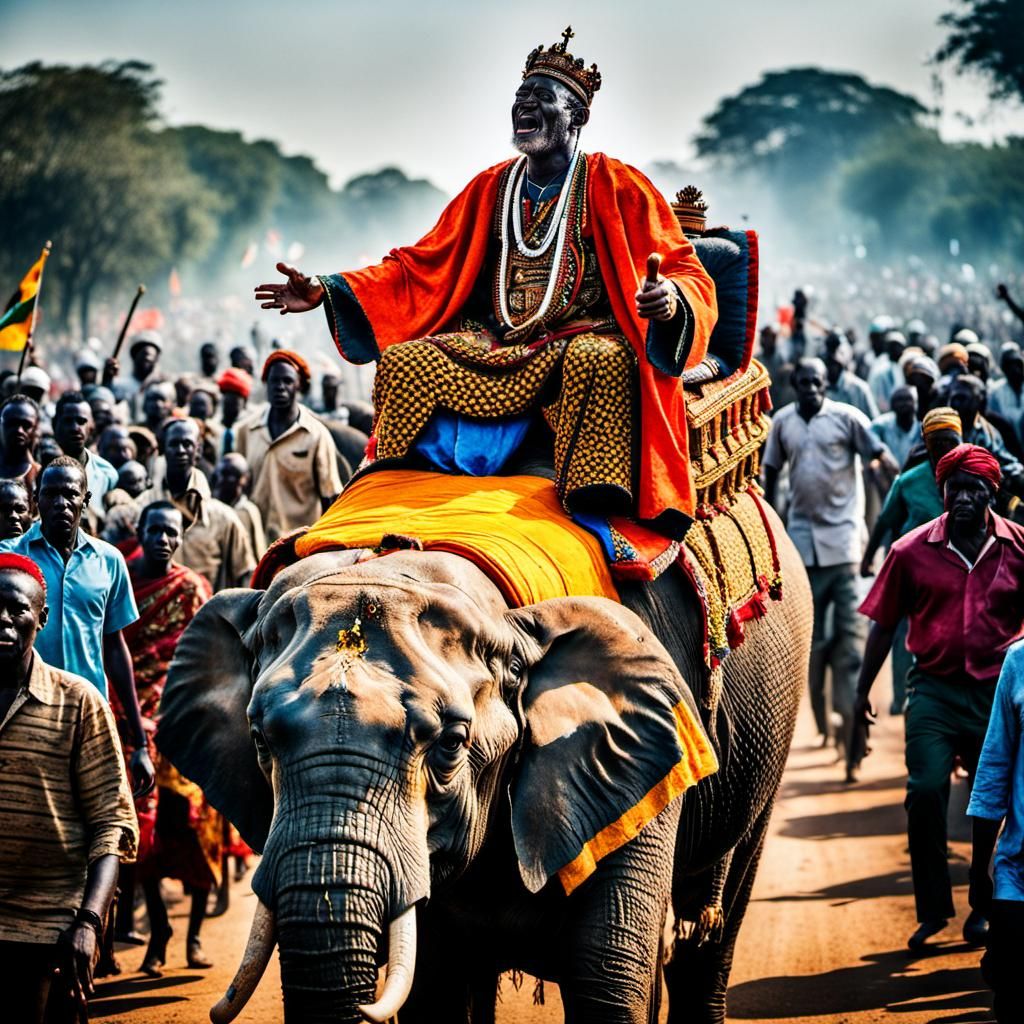 89N8G, African King riding on top of African Elephant, Vibrant royal ...