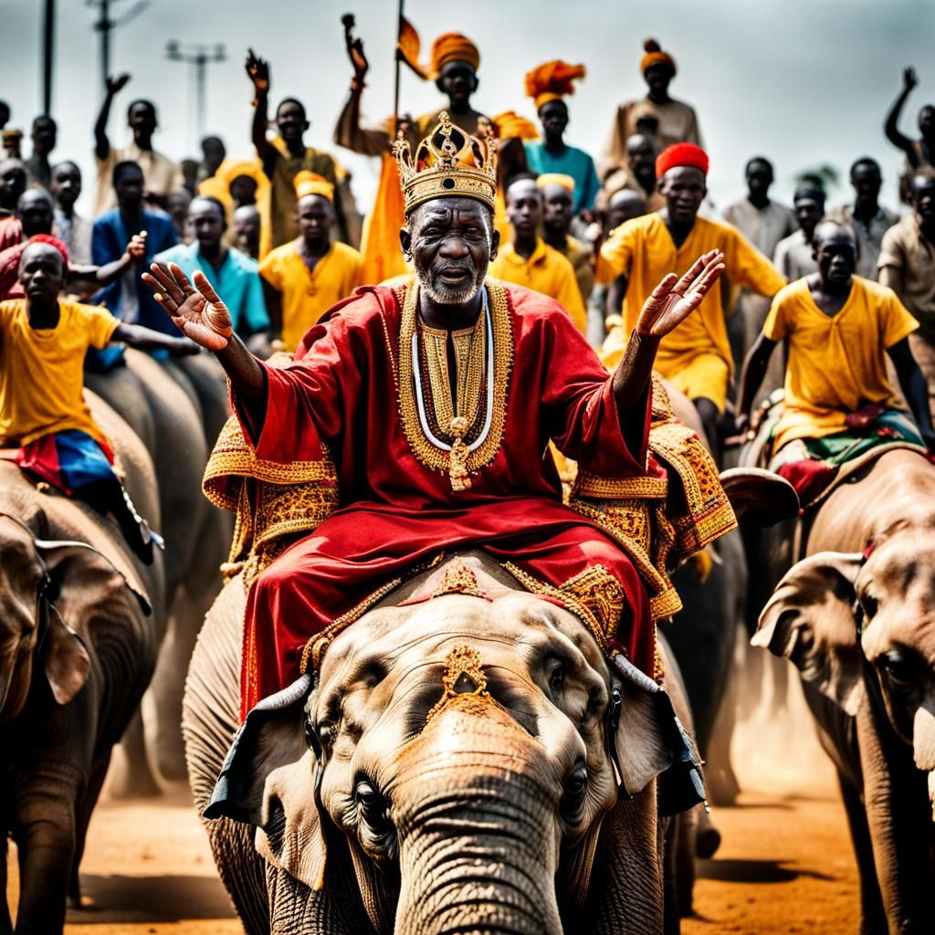 89N8G, African King riding on top of African Elephant, Vibrant royal ...