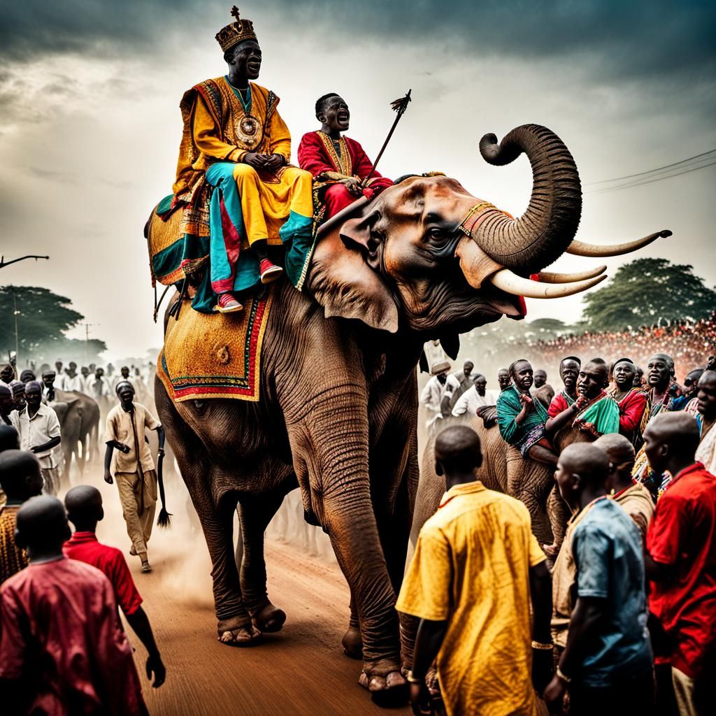 89N8G, African King riding on top of African Elephant, Vibrant royal ...