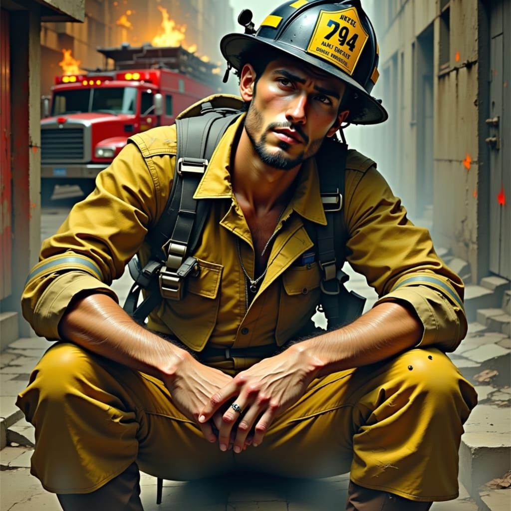 Hero - Exhausted Fireman Lost in Thought