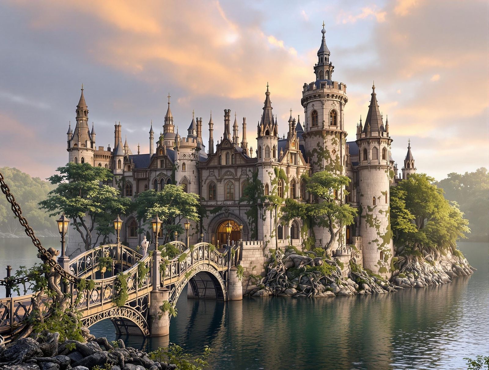 A majestic Victorian era castle sits on an Islet, set amidst a serene ...