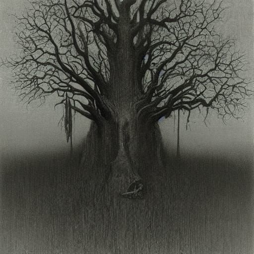 A lone, hooded figure, draped in tattered, black robes