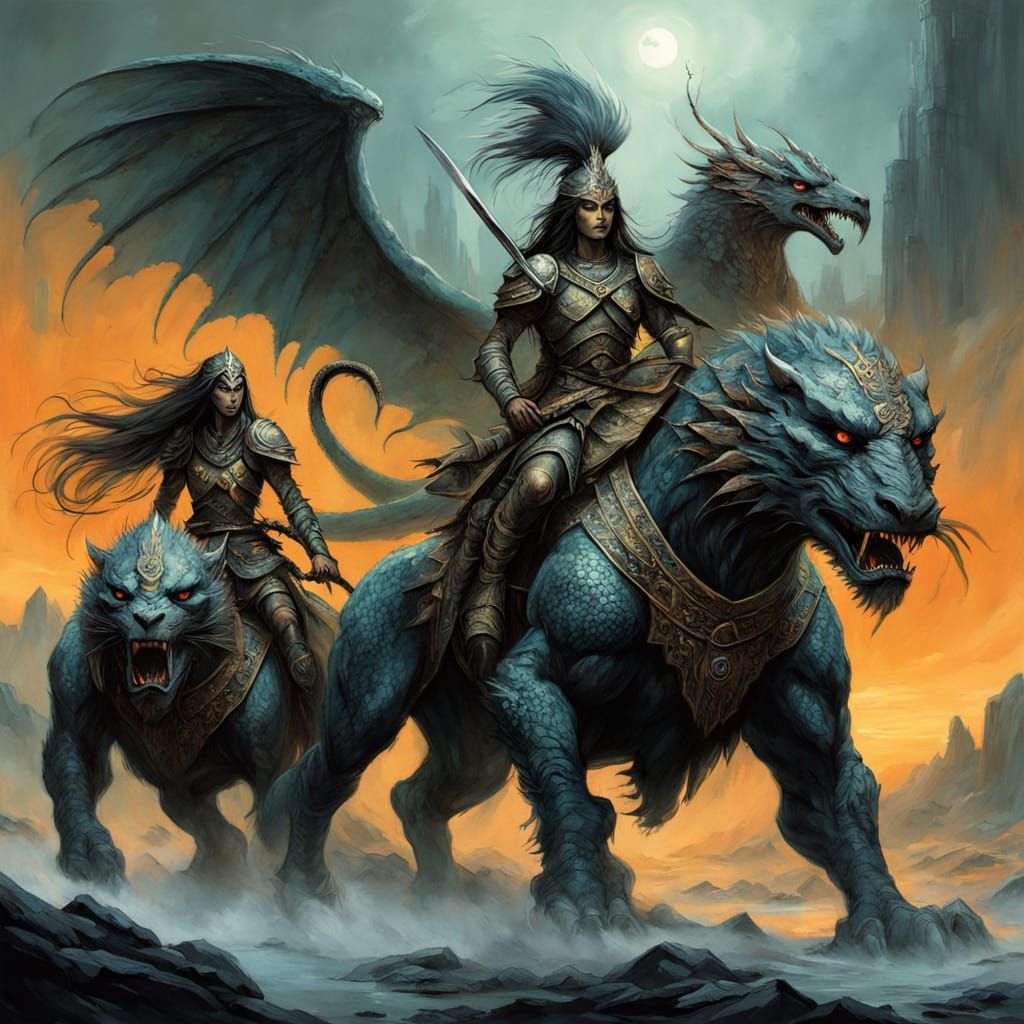 Three female warriors riding beasts