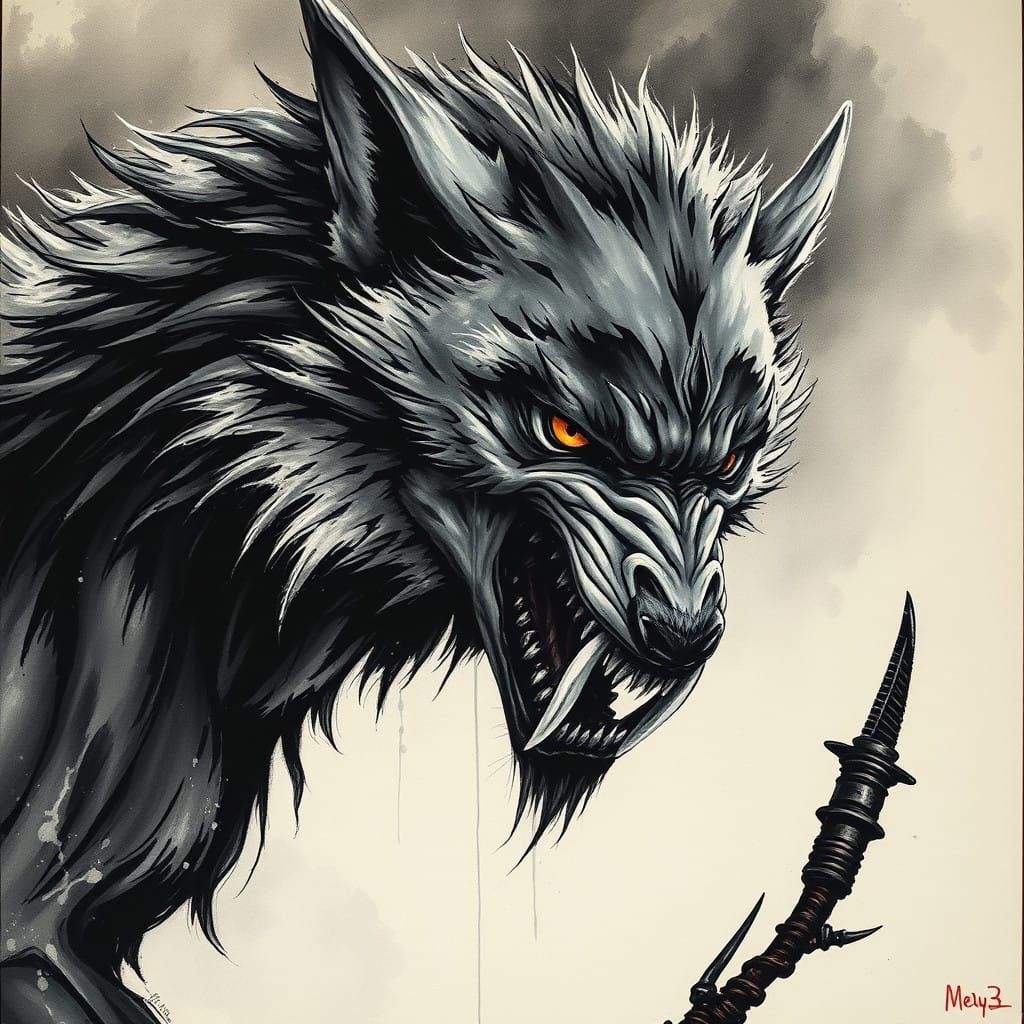 Epic Samurai Werewolf Ink Drawing with Intricate B... - AI Art