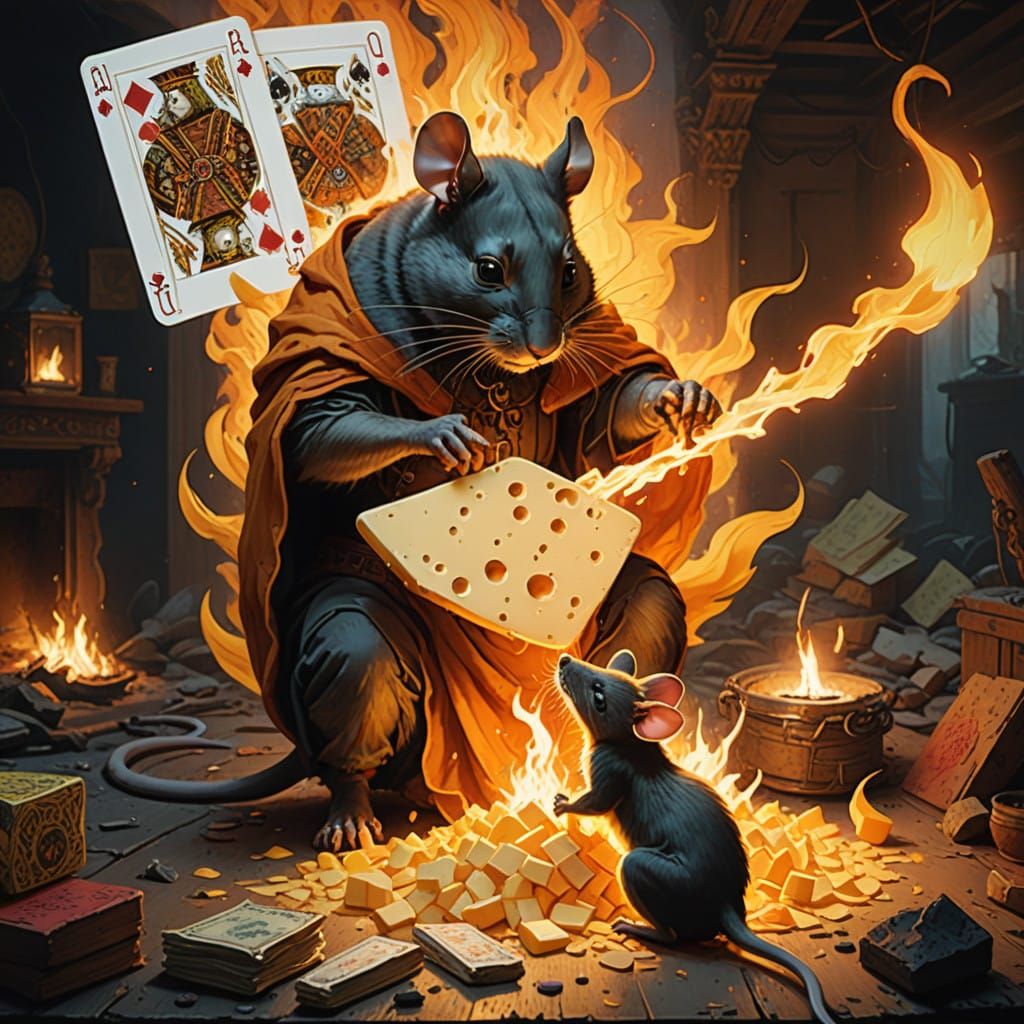Epic Scene of Regal Mouse Seizing Cheese in Blazin... - AI Art