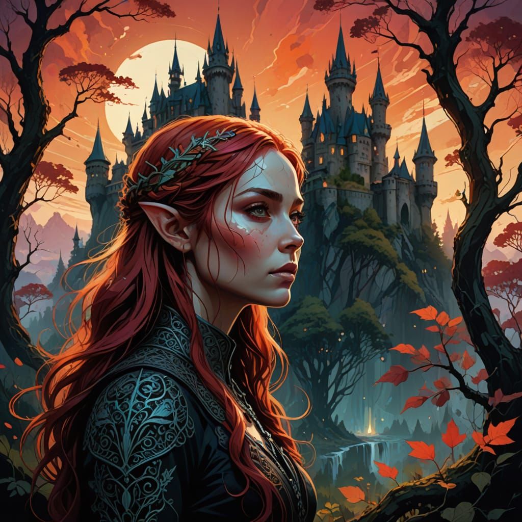 A Red Haired Elves Lady in Elf's Castle Woods at moonlight.