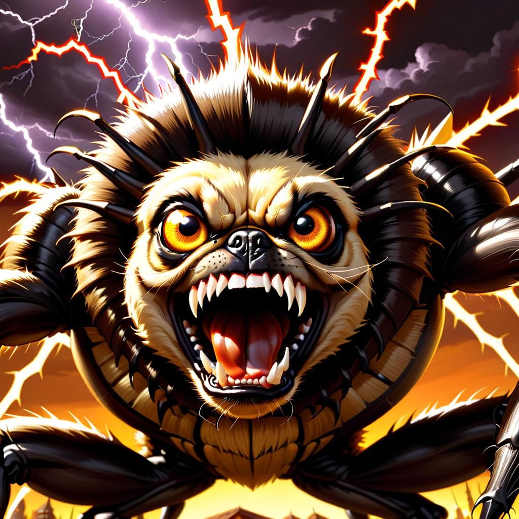 Close up of a spider with lightning in the background, an illustration ...