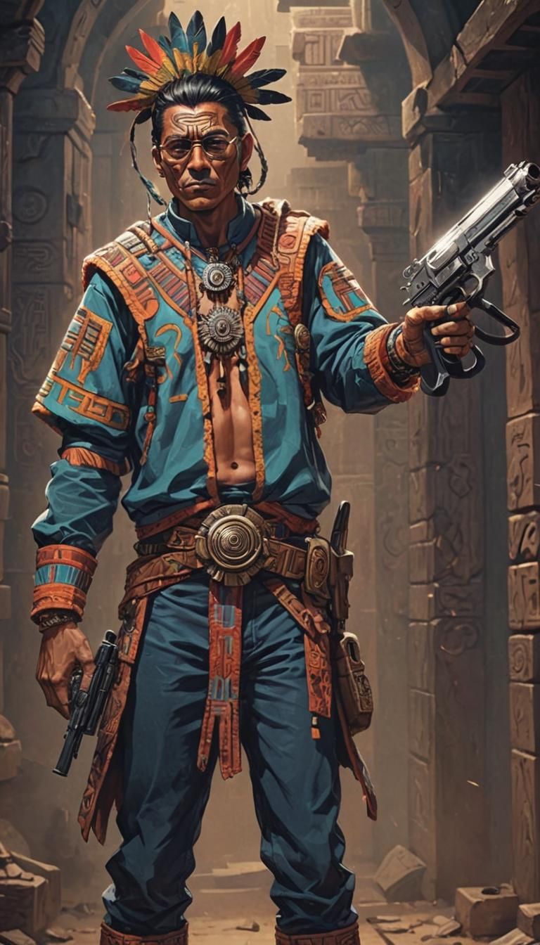 an Aztec man holding a gun and dressed smartly with glasses - AI ...