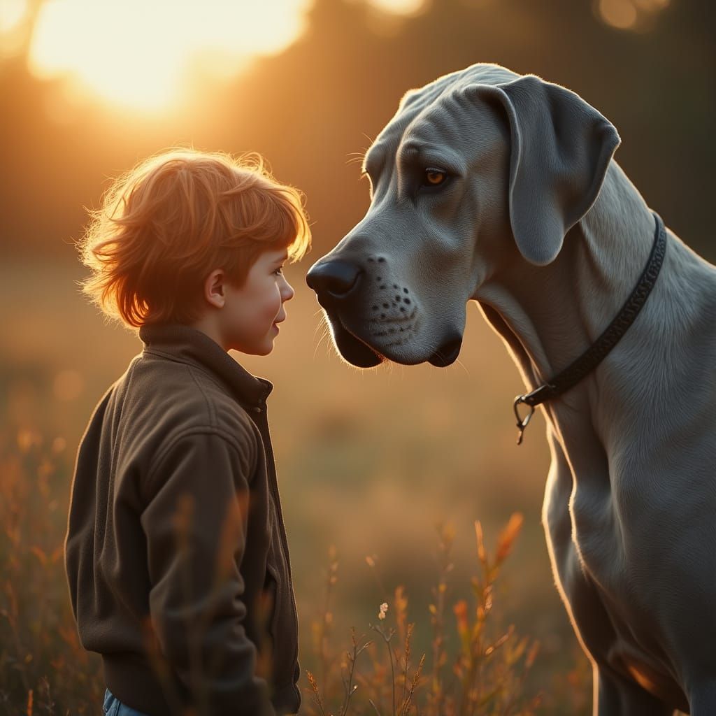 Ethereal Moment of Boy and Light Gray Great Dane - AI Art