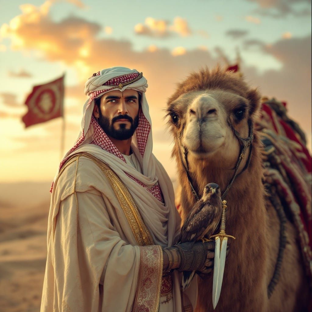 Regal Arab Sheikh with Camel and Tribal Emblems in... - AI Art