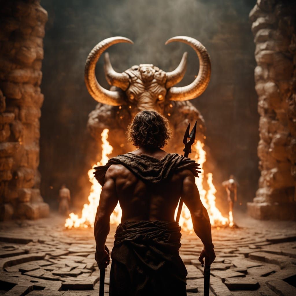 Entering the Labyrinth. - Odysseus Faces Minotaur in Dark La...