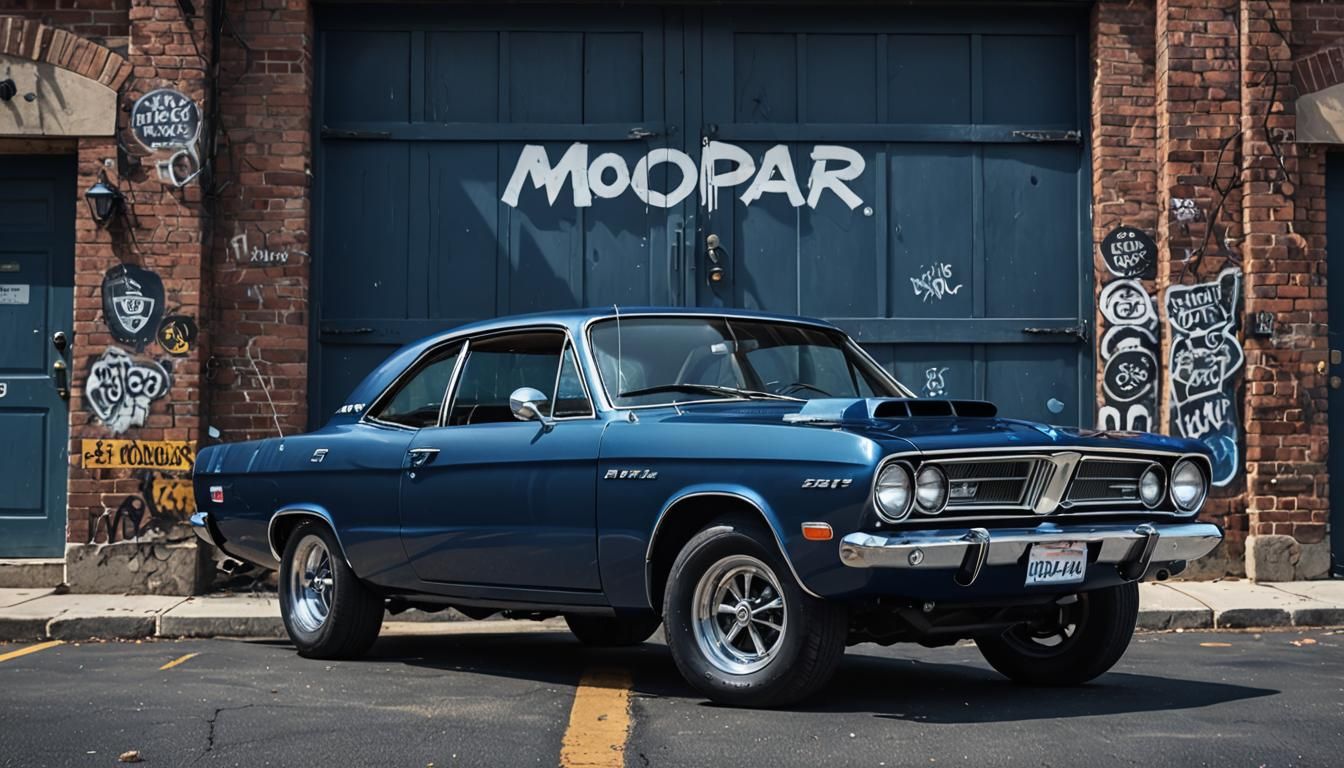 A 1965 Plymouth Barracuda with chrome wheels. Painted on the door is ...