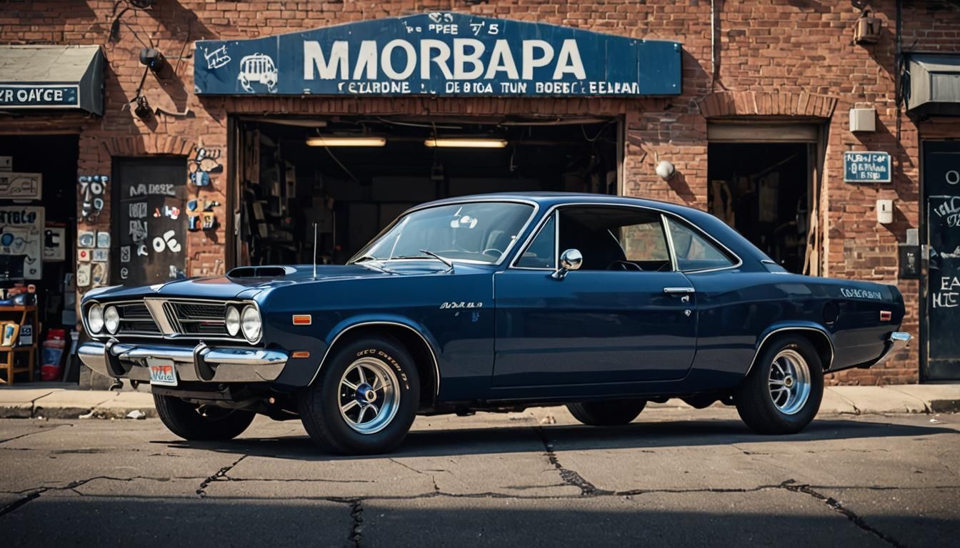 A 1965 Plymouth Barracuda with chrome wheels. Painted on the door is ...
