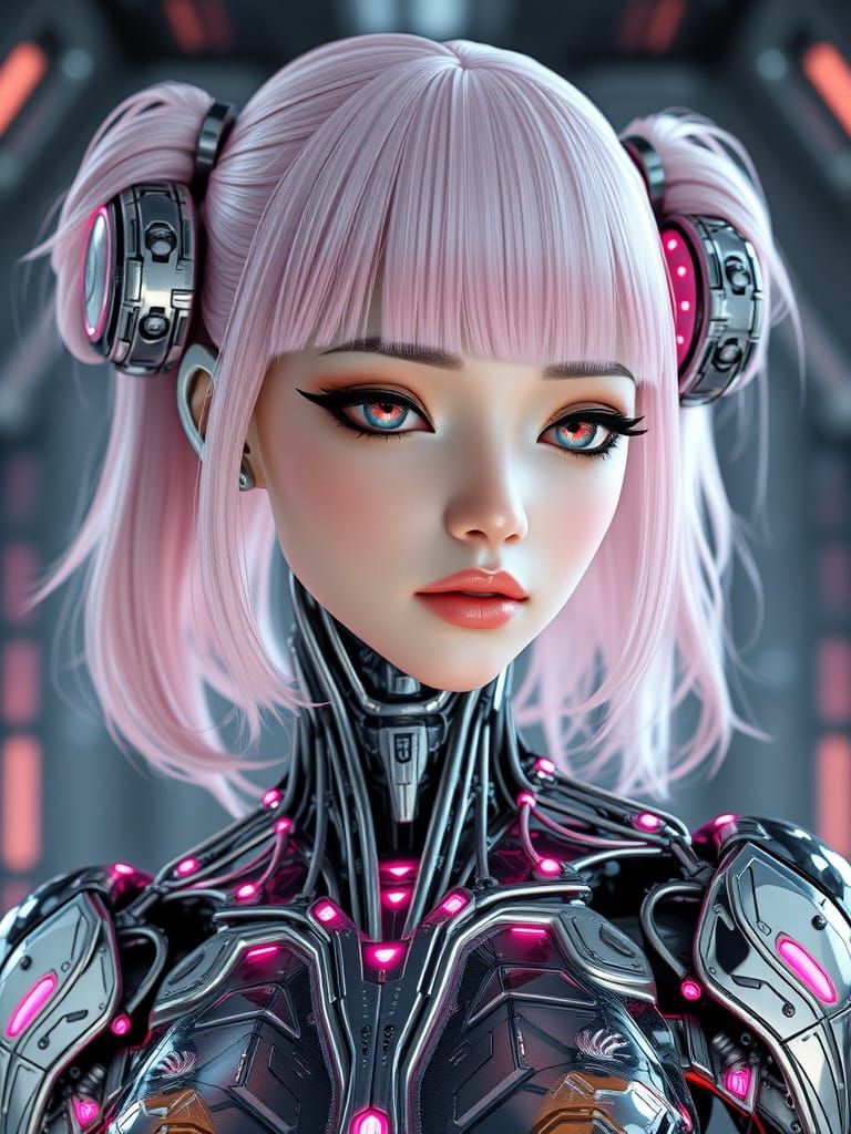 Cybernetic Android with Pink Hair - Cybernetic Girl with Pin...