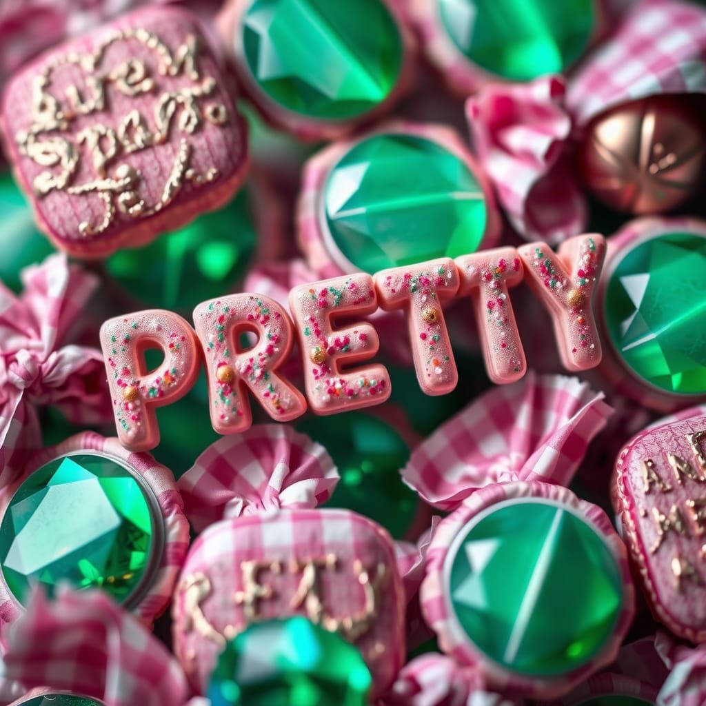 Emerald iridescent beautiful gemstones and patterned wrapped sweets ...