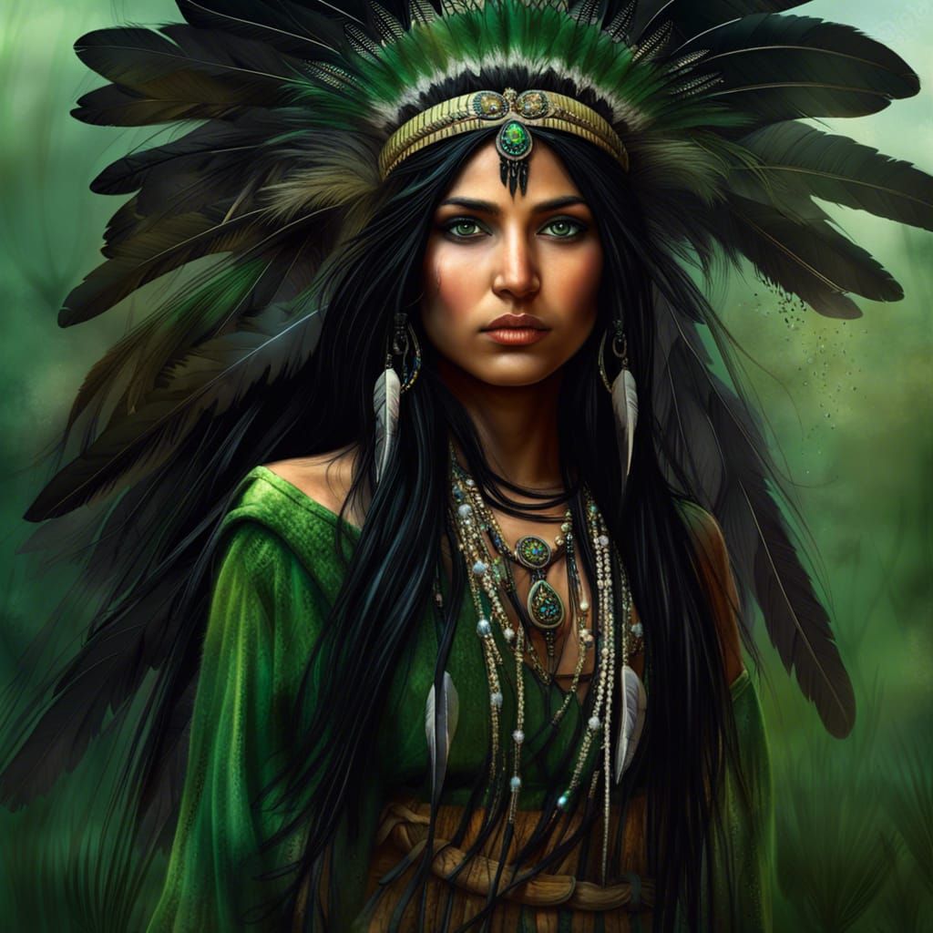mesmerizig sioux indian girl, detailed big green eyes, shiny and long ...