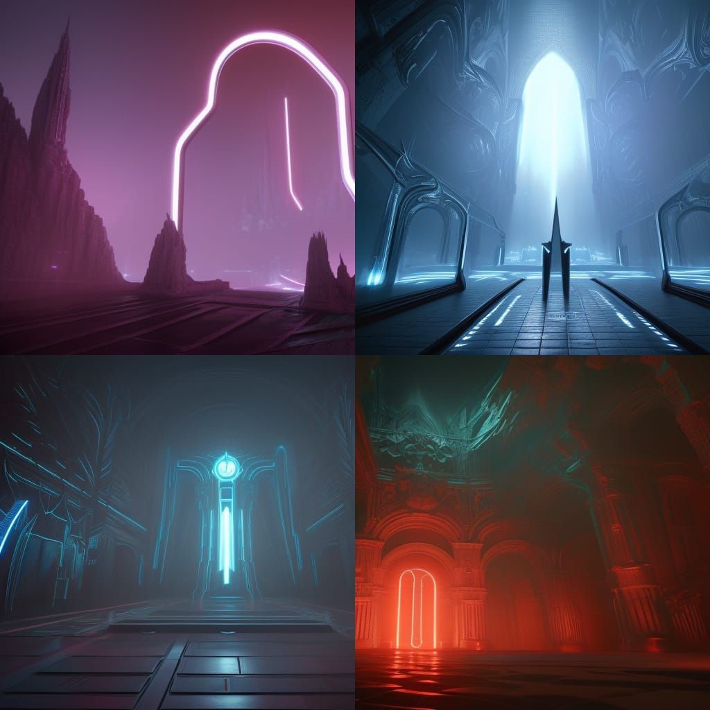 3d Tron gates opening into the metaverse synthwave neon retro trending ...