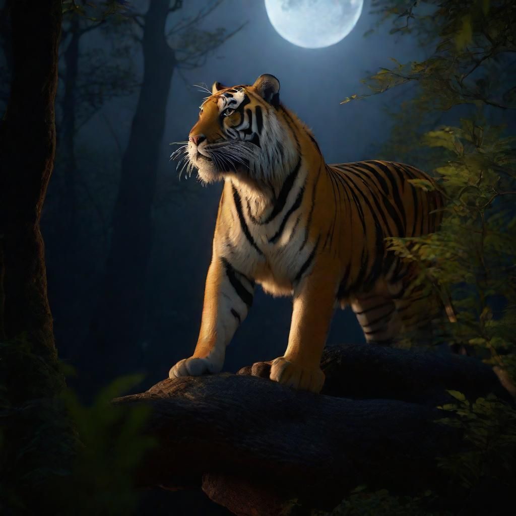 In the depths of the night, a majestic tiger perches atop a leafless ...