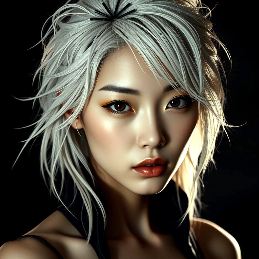 Hyper-Realistic Asian Woman in Chiaroscuro Illumin... - AI Art