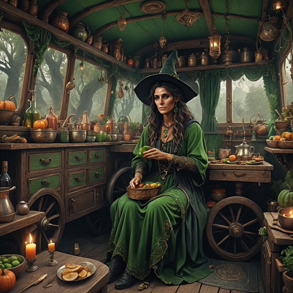 hot gypsy witch, green witch, kitchen witch, inside Romani wagon with ...