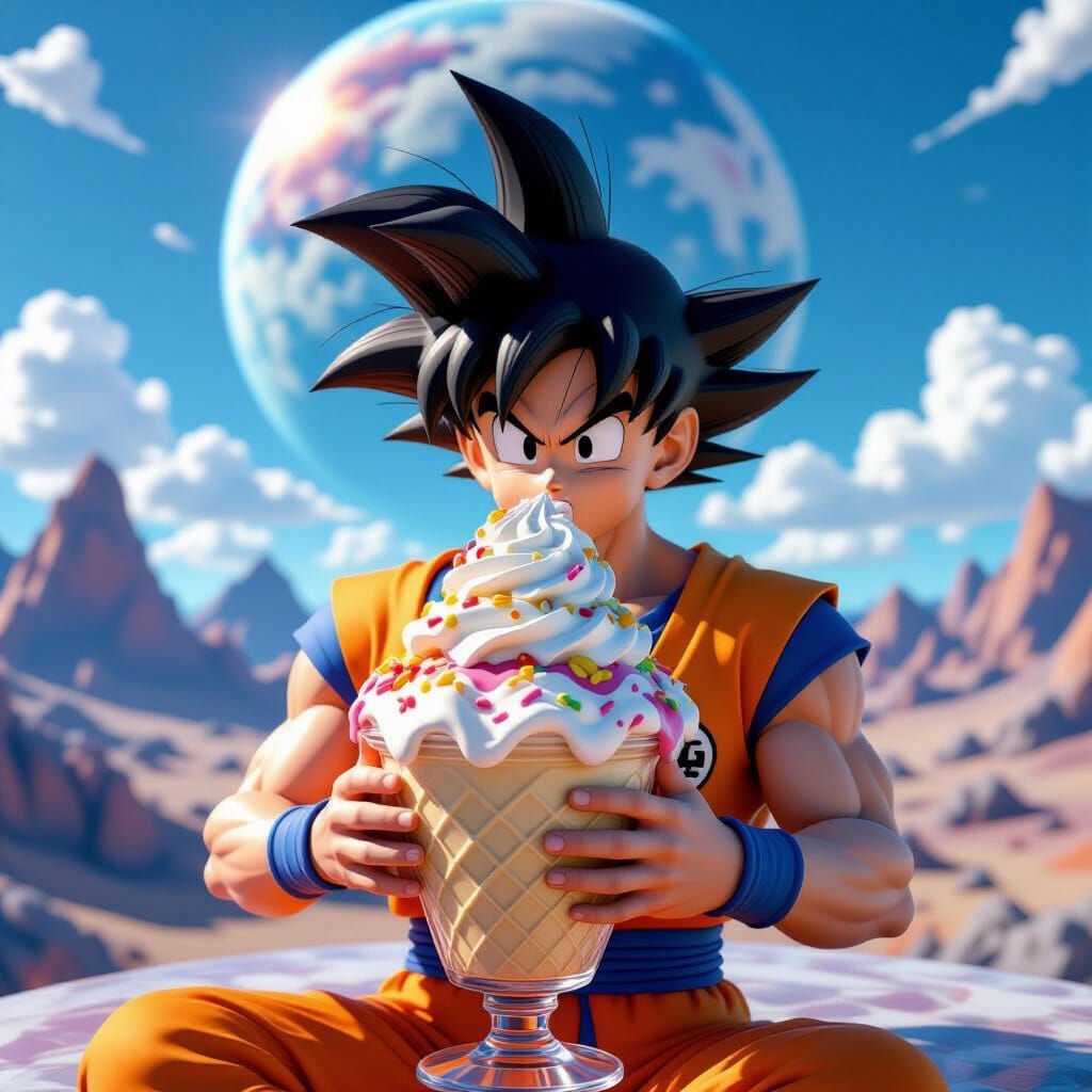 Goku, enjoying an enormous ice cream sundae on a distant planet. Medium ...