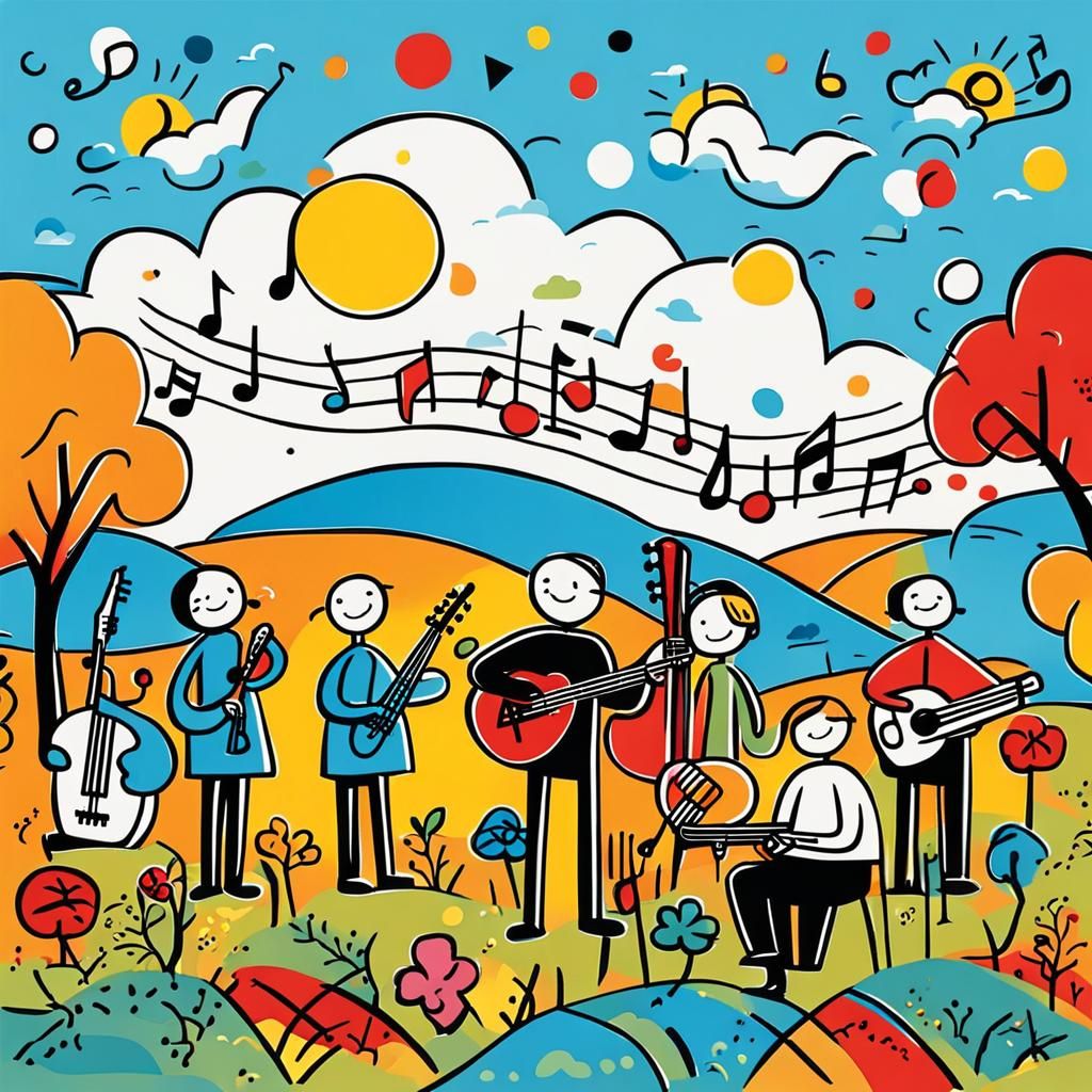 Whimsical Stick Figure Music Makers in Bright Land... - AI Art