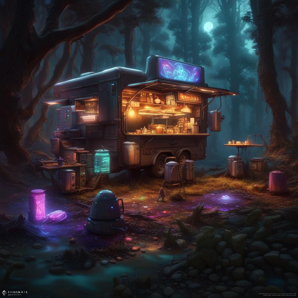 Tech-enhanced food trucks with holographic menus and robot chefs. under ...