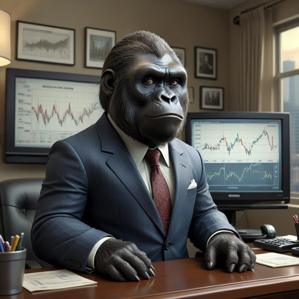 Le Boss. - A Chibi Business Gorilla Studies Financial Charts...