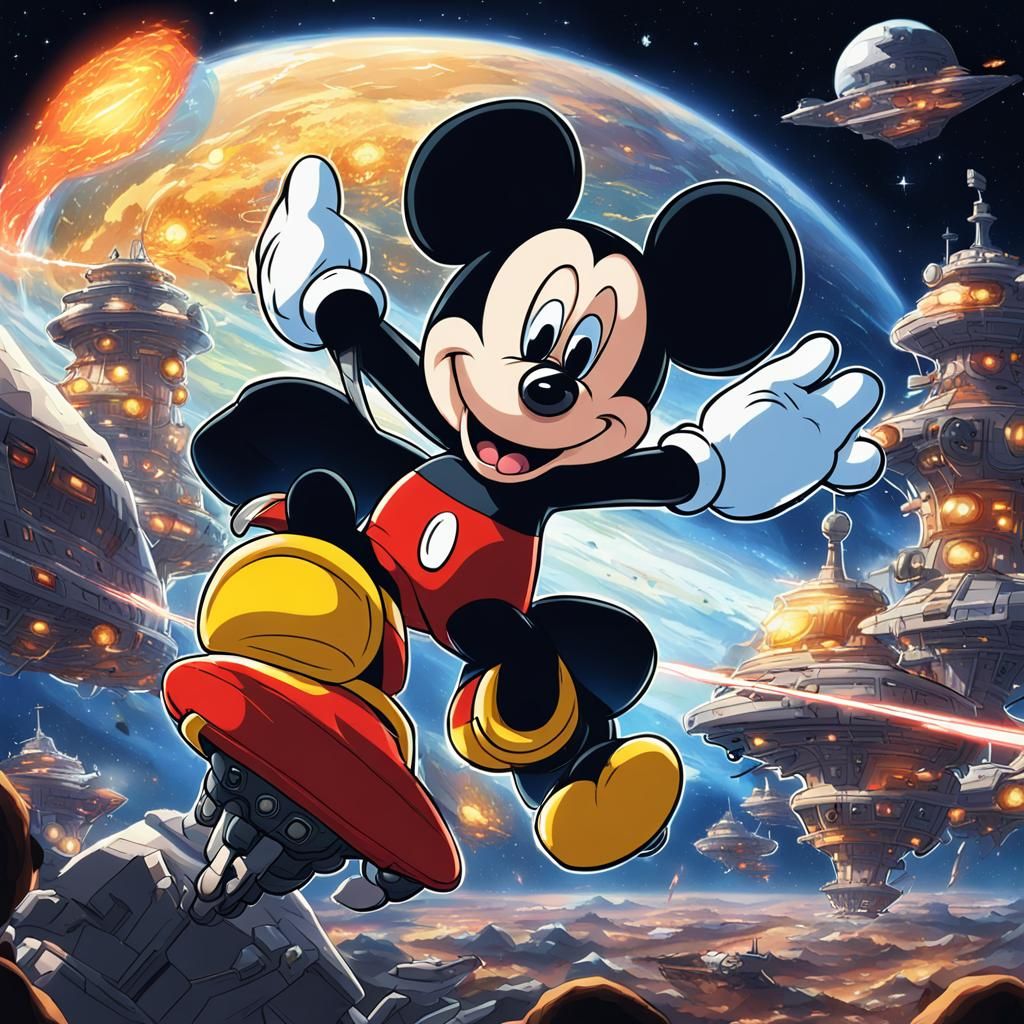 mickey mouse gets eaten by a balck lion that entered in his space ship ...