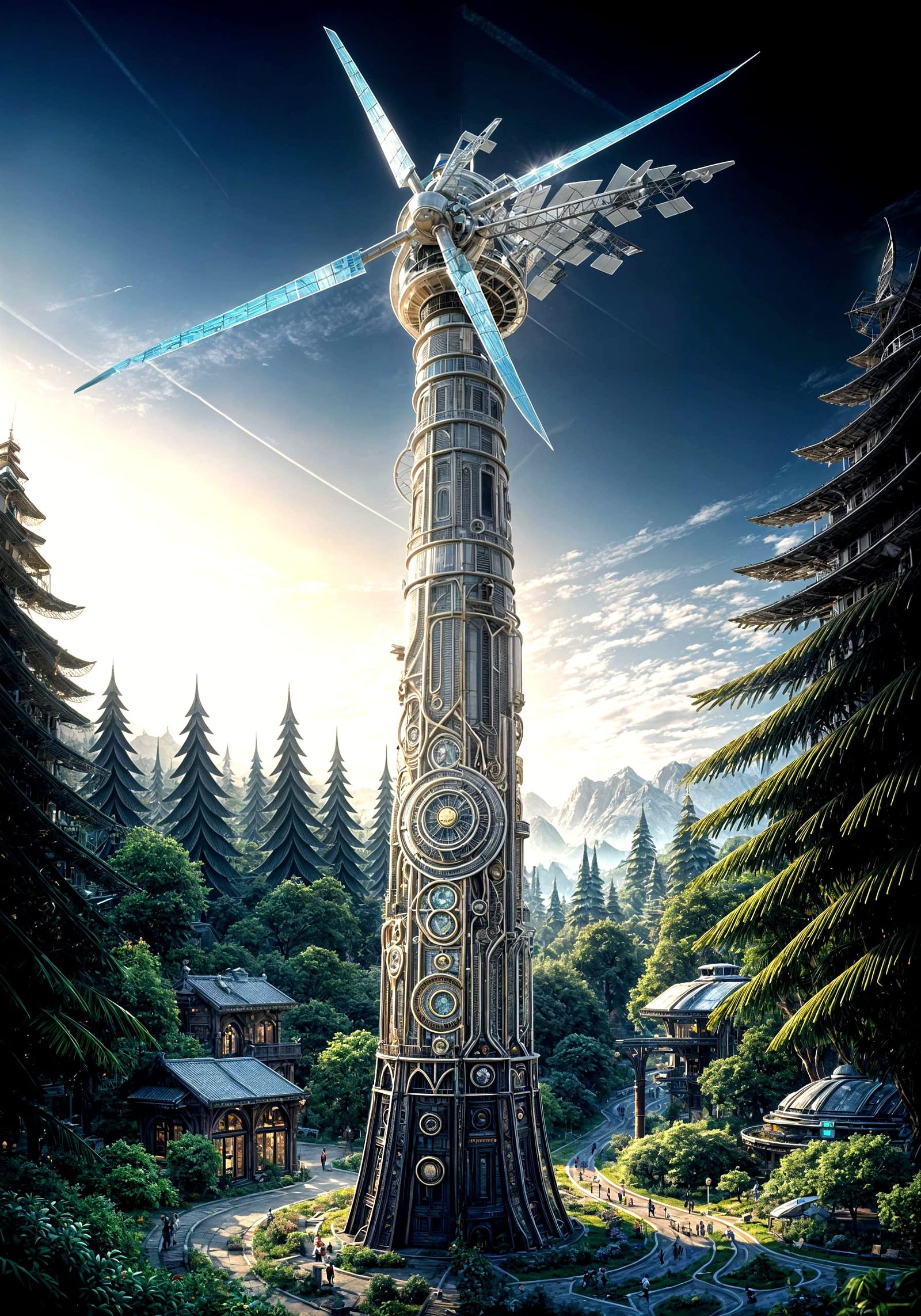 Solarpunk turbine - Solarpunk Wind Turbine in Vibrant Hyper...