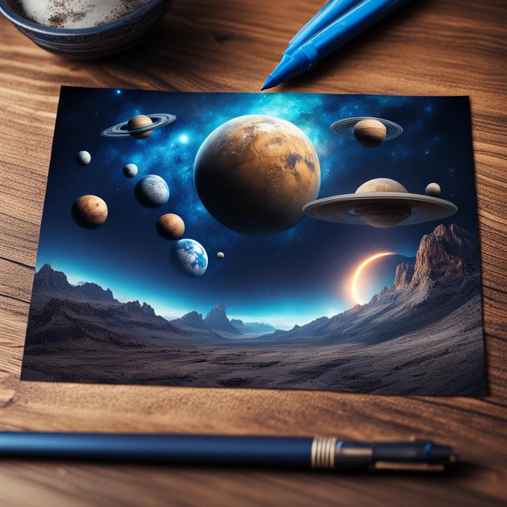 Photo of Beautiful postcard on a rustic table with Bic pens. Magical ...