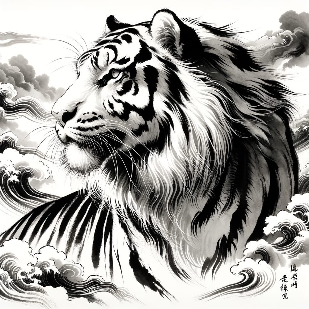 Siberian Tiger in Chinese Ink - Siberian Tiger in Chinese In...