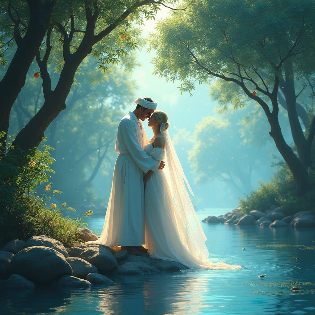 Elegant Muslim Men Embrace Celestial Maidens in Vi... - AI Art