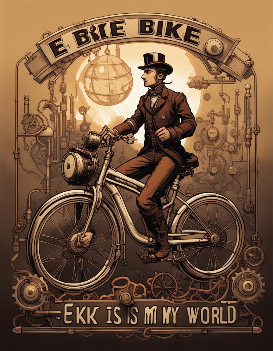 a simple steampunk-style T-shirt print with the inscription: e-bike is my world nice font, high ...