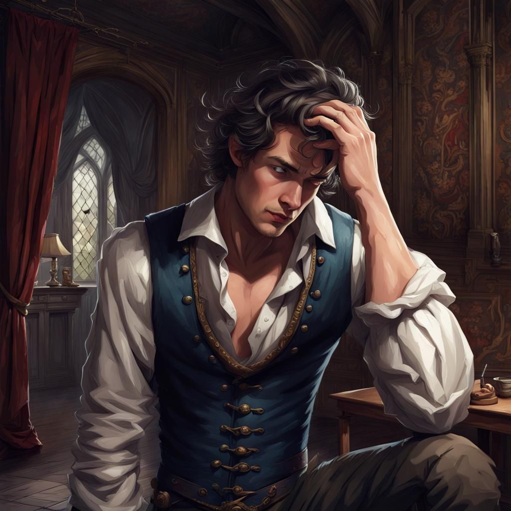 a noble dark charming squire scratching his head in regret lost in the ...