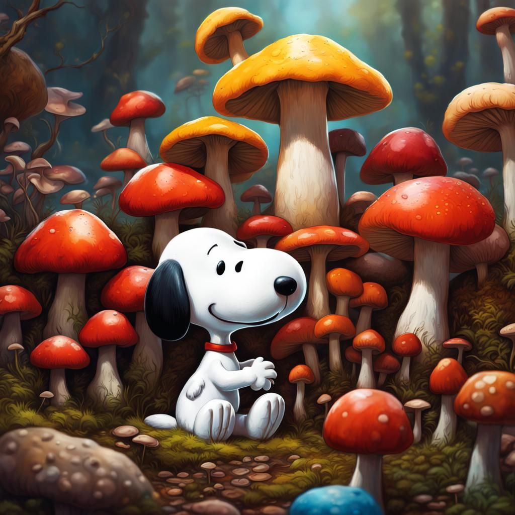 Snoopy surrounded by mushrooms - AI Generated Artwork - NightCafe Creator