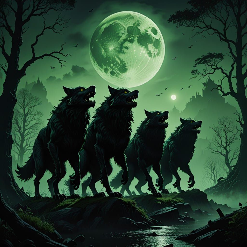 Luminous Werewolves Emerge from Midnight Fog - AI Art